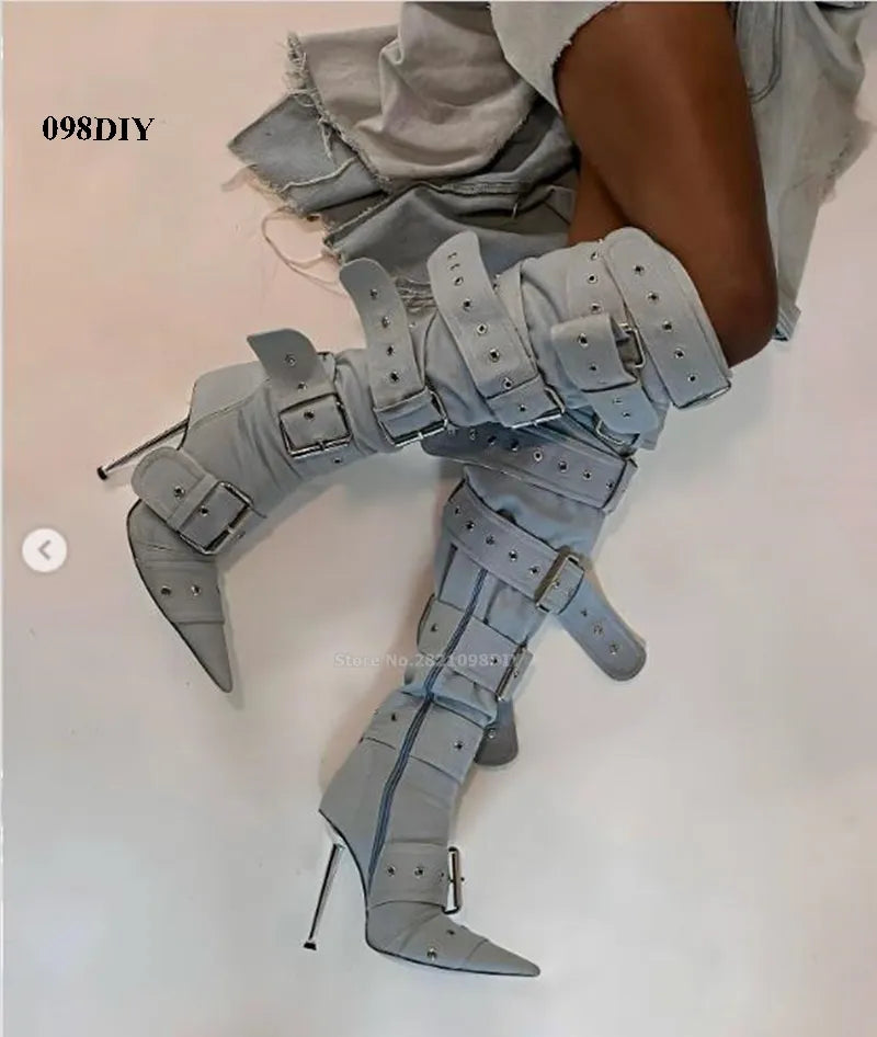 Denim Thigh High Boots Women Sexy Super Pointy Toe Punk Metal Buckle H ...