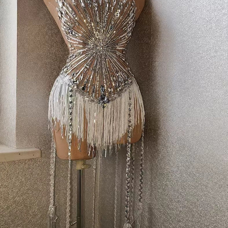 Sexy Rhinestone Crystal Bodysuit Women Big Stretch Tassel Club Prom Dr ...