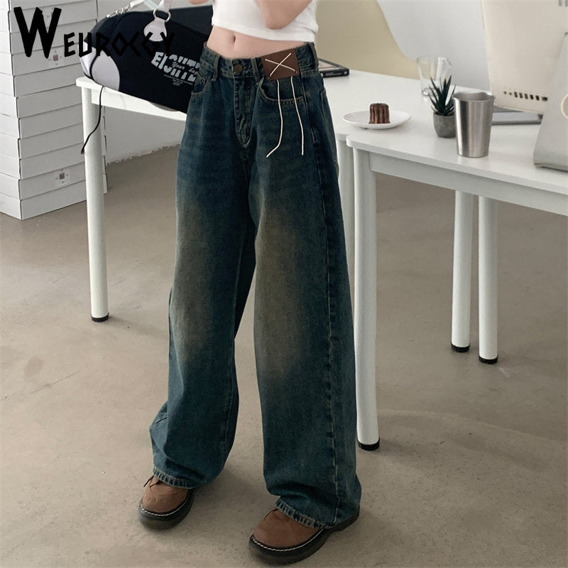 디자인 빈티지 스트리트웨어 Y2k 헐렁한 청바지 여성 데님화물 바지 여성 하이 허리 찢어진 포켓 넓은 다리 새로운 청바지 여자